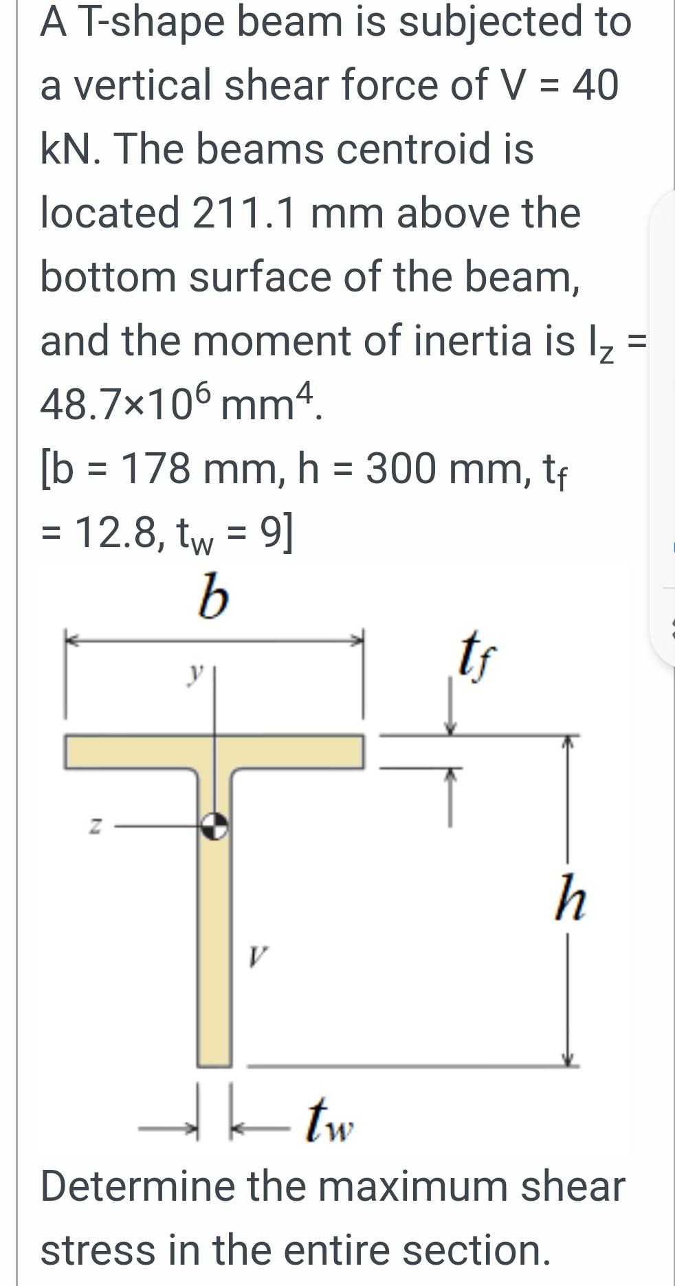Solved A T-shape beam is subjected to a vertical shear force | Chegg.com