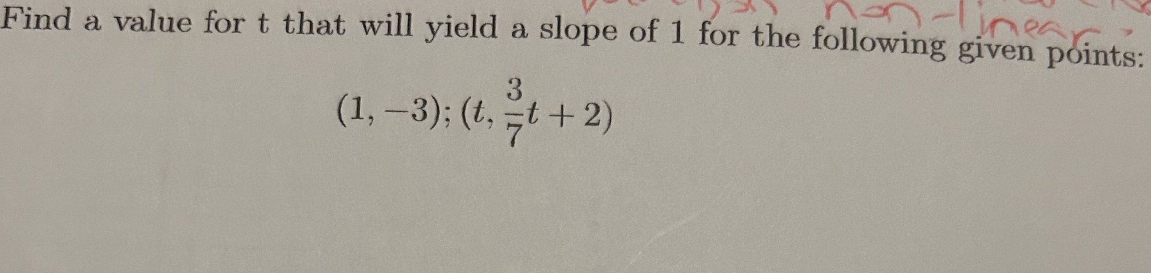 Solved by an EXPERT Find a value for t ﻿that will yield a slope of 1 ﻿for | Chegg.com
