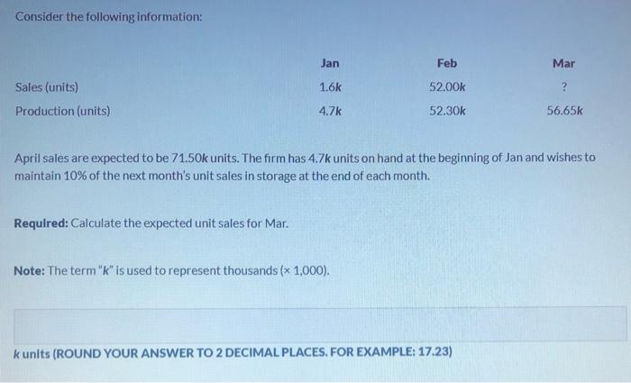 Solved Consider the following information: Jan Feb Mar 1.6k | Chegg.com