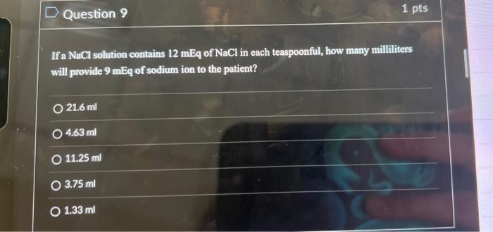 Solved If a NaCl solution contains 12mEq of NaCl in each | Chegg.com