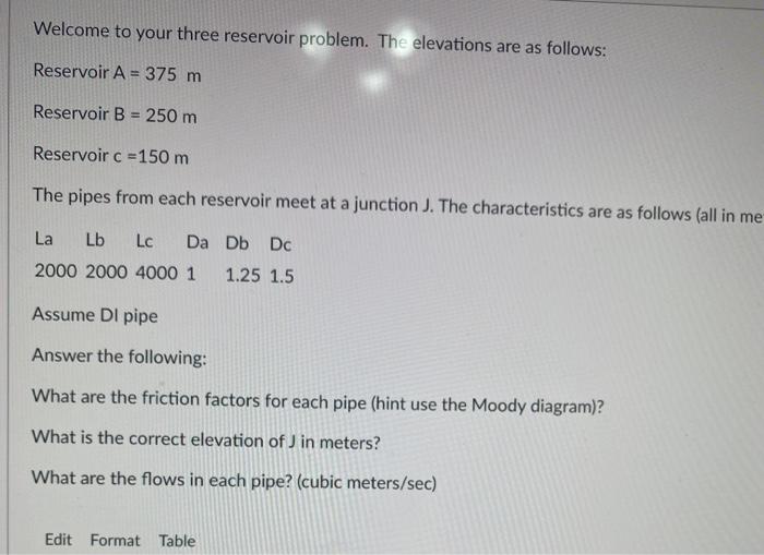 Solved Welcome to your three reservoir problem. The | Chegg.com