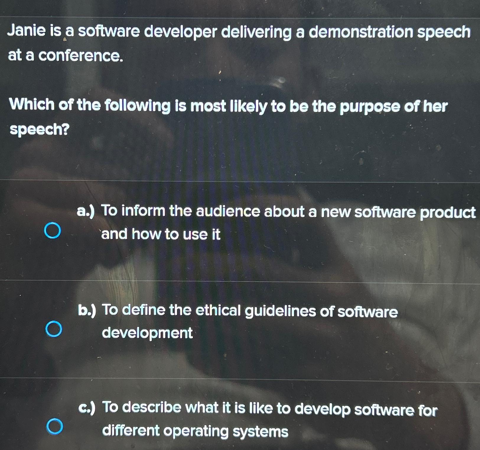 Solved Janie is a software developer delivering a | Chegg.com