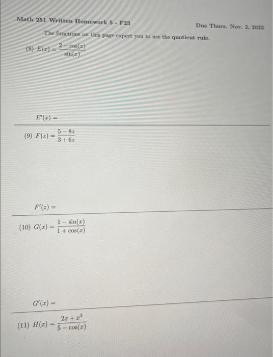 Math 251 Written Homework 5 - F23 The functions on | Chegg.com