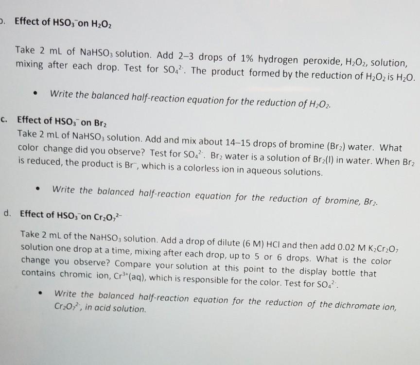 Solved . Effect of HSO3 on H2O2 Take 2 mL of NaHSO3 | Chegg.com