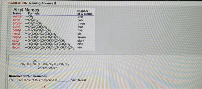 Solved SIMULATION Naming Alkanes II Branches within branches | Chegg.com