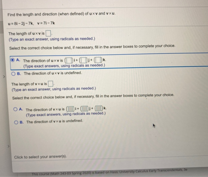 Solved Find the length and direction (when defined) of uxv | Chegg.com