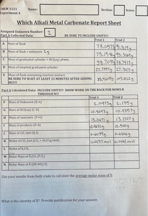 Solved Which Alkali Metal Carbonate Report Sheet Assigned | Chegg.com