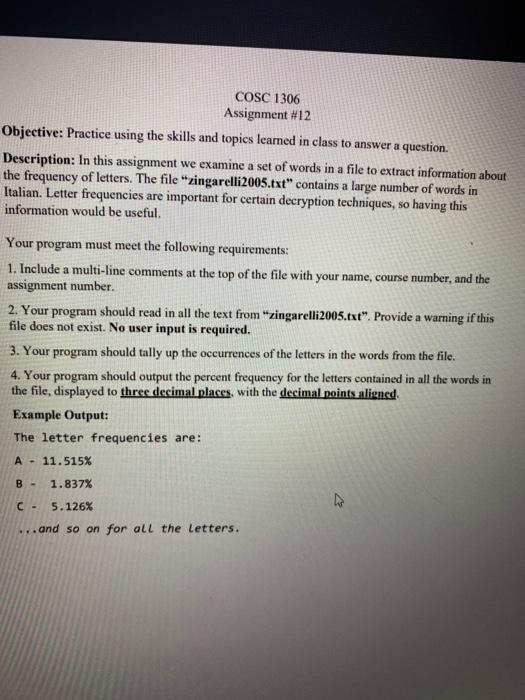 Solved COSC 1306 Assignment #12 Objective: Practice using | Chegg.com