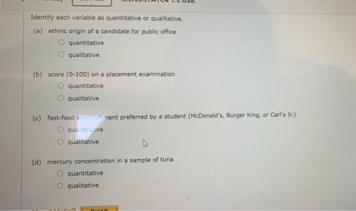 Solved Identify each variable as quantitative or | Chegg.com