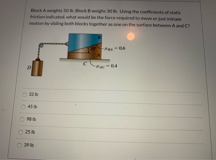 Solved Block A weights 50 lb. Block B weighs 30 lb. Using | Chegg.com