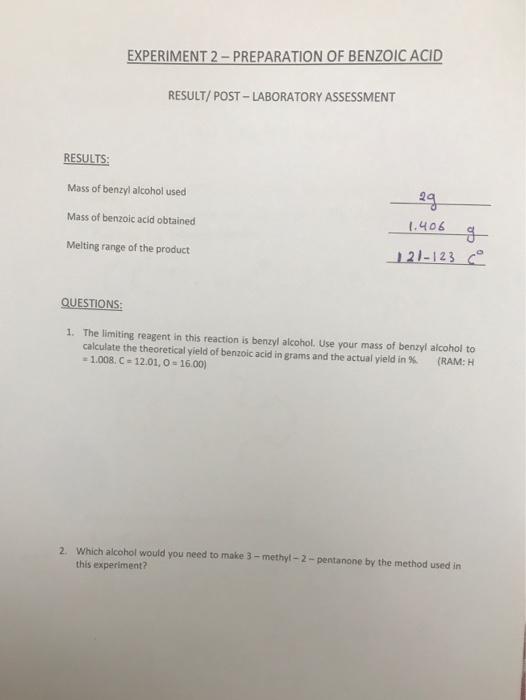 Solved EXPERIMENT 2 - PREPARATION OF BENZOIC ACID | Chegg.com