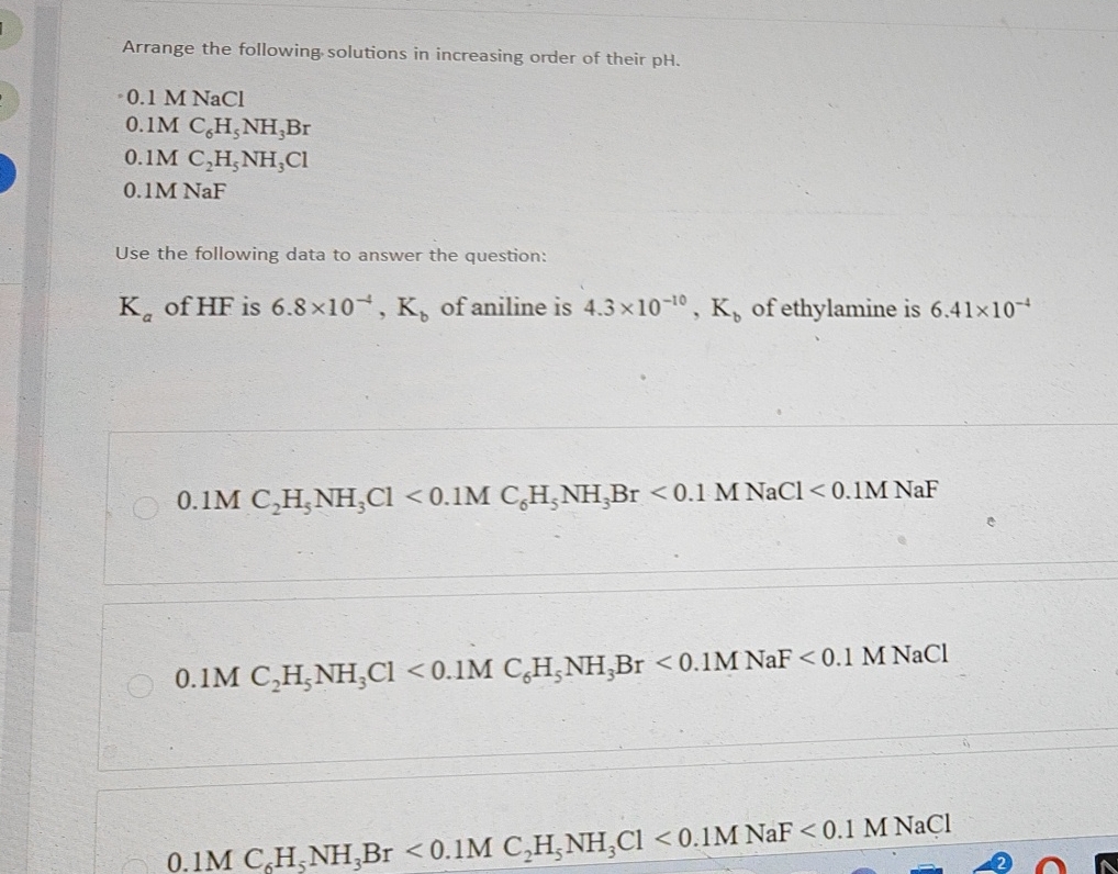 Solved Arrange the following solutions in increasing order | Chegg.com