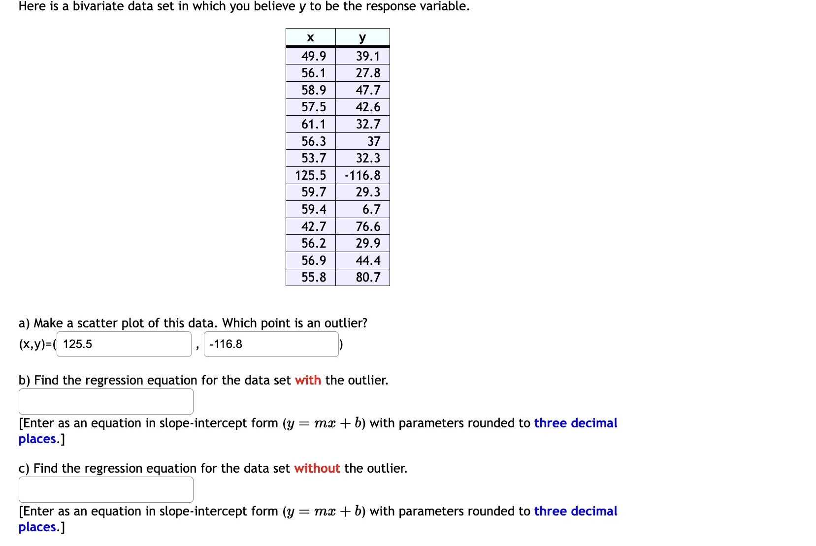 Solved Here is a bivariate data set in which you believe y | Chegg.com