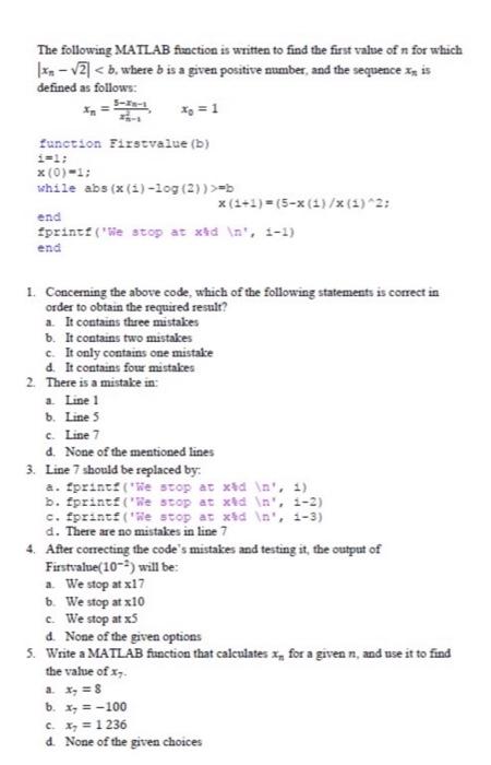 The following MATLAB function is written to find the | Chegg.com