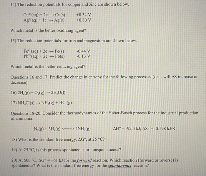Solved 14) The reduction potentials for copper and zinc are | Chegg.com