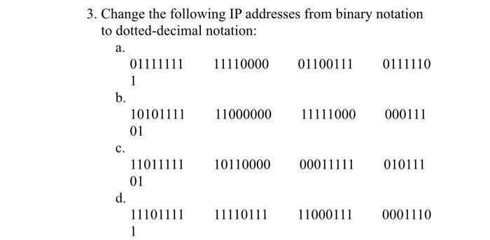 Solved 3. Change the following IP addresses from binary | Chegg.com