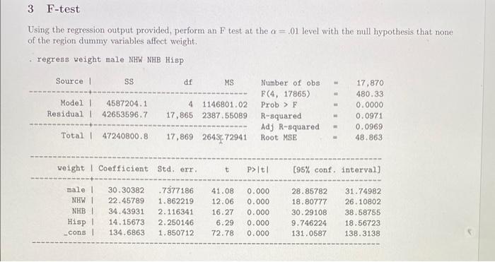 Solved Using the regression output provided, perform an F | Chegg.com