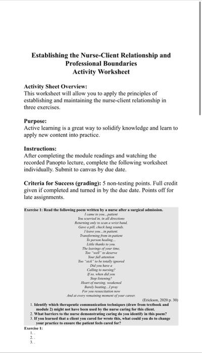 Establishing the Nurse-Client Relationship and | Chegg.com