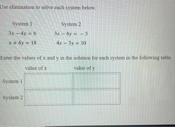 Solved Use elimination to solve each system below. System 2 | Chegg.com