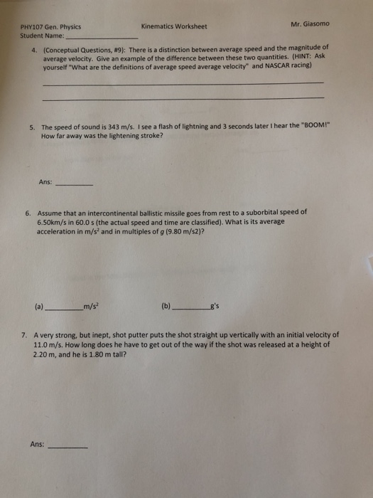 Kinematics Worksheet