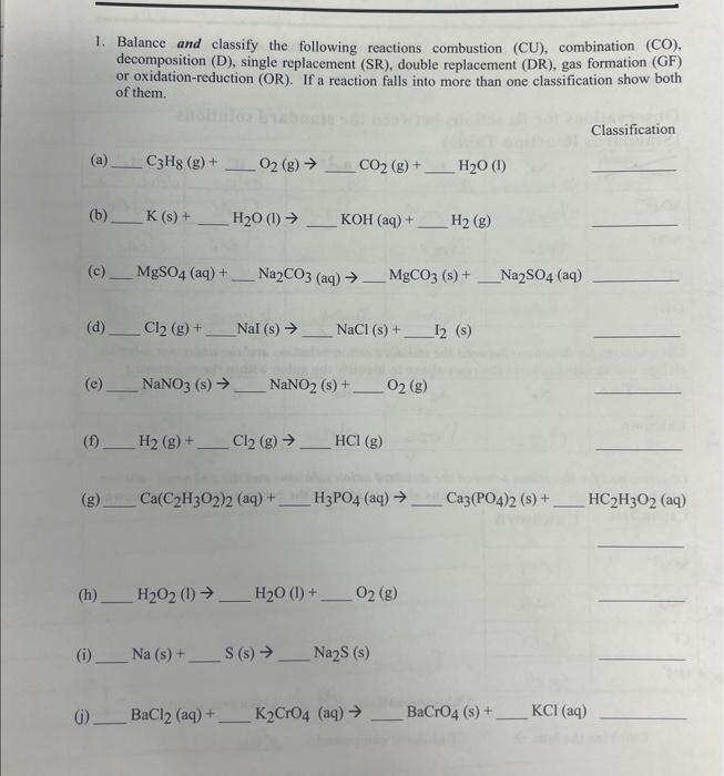 Solved 1. Balance and classify the following reactions | Chegg.com