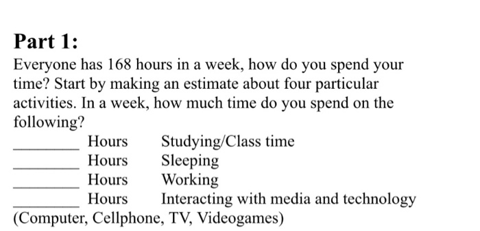 Solved Part 1: Everyone has 168 hours in a week, how do you | Chegg.com