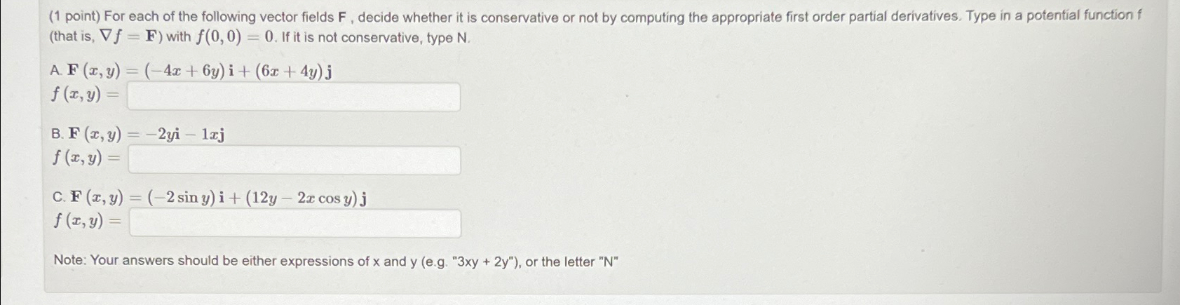 Solved (1 ﻿point) ﻿For each of the following vector fields | Chegg.com