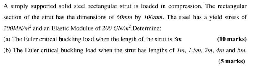 Solved A simply supported solid steel rectangular strut is | Chegg.com