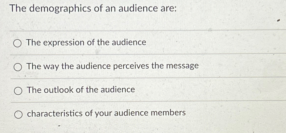 Solved The demographics of an audience are:The expression of | Chegg.com