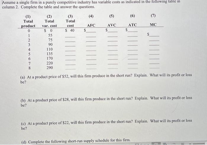 Solved Assume a single firm in a purely competitive industry | Chegg.com