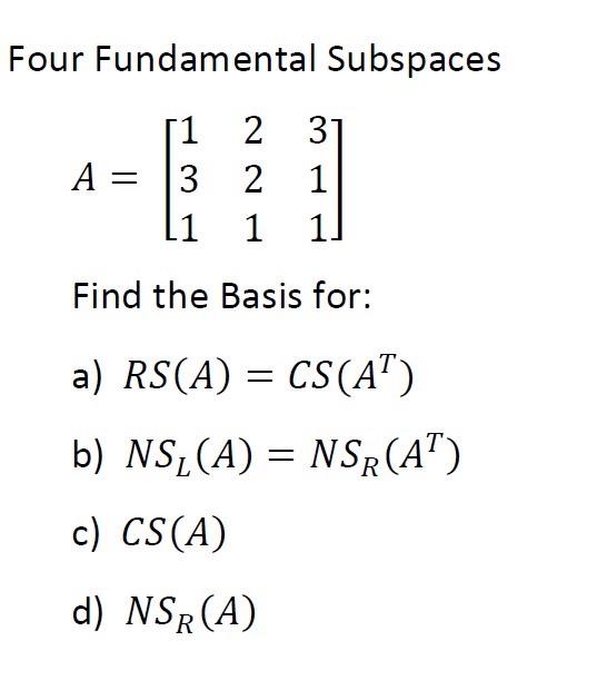Solved Four Fundamental Subspaces A=⎣⎡131221311⎦⎤ Find the | Chegg.com