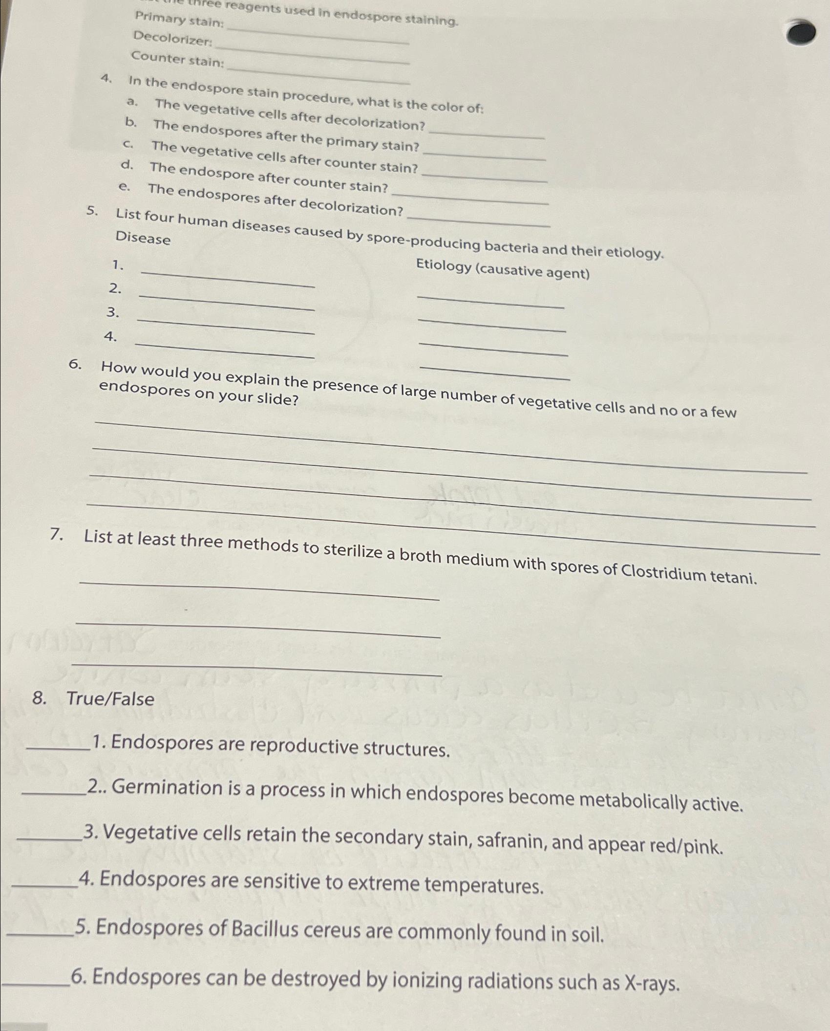 Solved e reagents used in endospore | Chegg.com