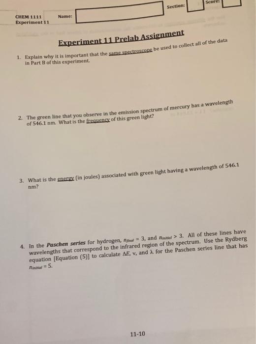 Solved Score Section: Name: CHEM 1111 Experiment 11 | Chegg.com