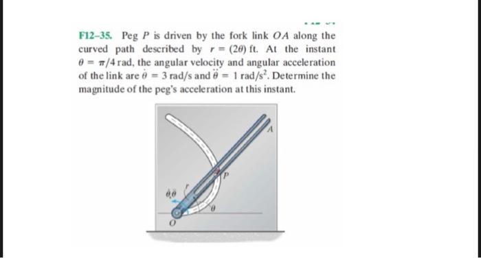 Solved F12-35. Peg P is driven by the fork link OA along the | Chegg.com