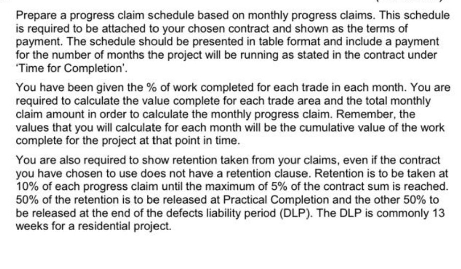 Solved Prepare a progress claim schedule based on monthly | Chegg.com