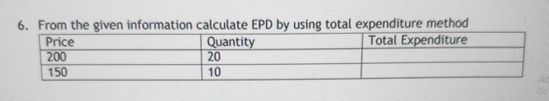 Solved 6. From the given information calculate EPD by using | Chegg.com
