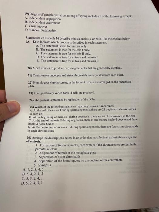 19) Origins of genetic variation among offspring | Chegg.com