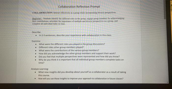 Collaboration Reflection Prompt COLLABORATION: | Chegg.com