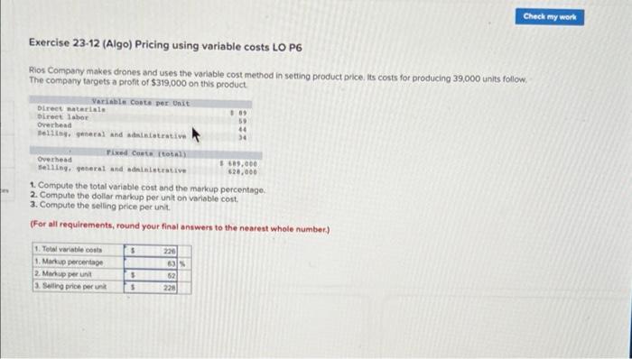 Solved Check my work Exercise 23-12 (Algo) Pricing using | Chegg.com