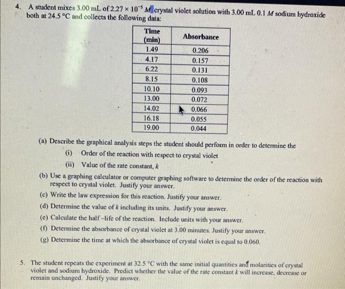 Solved 4. A student mixes 3.00 mL of 2.27 x 10M crystal | Chegg.com