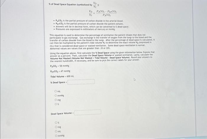 Solved Sof Dead Space Equation (symbolized by VSVD ): | Chegg.com