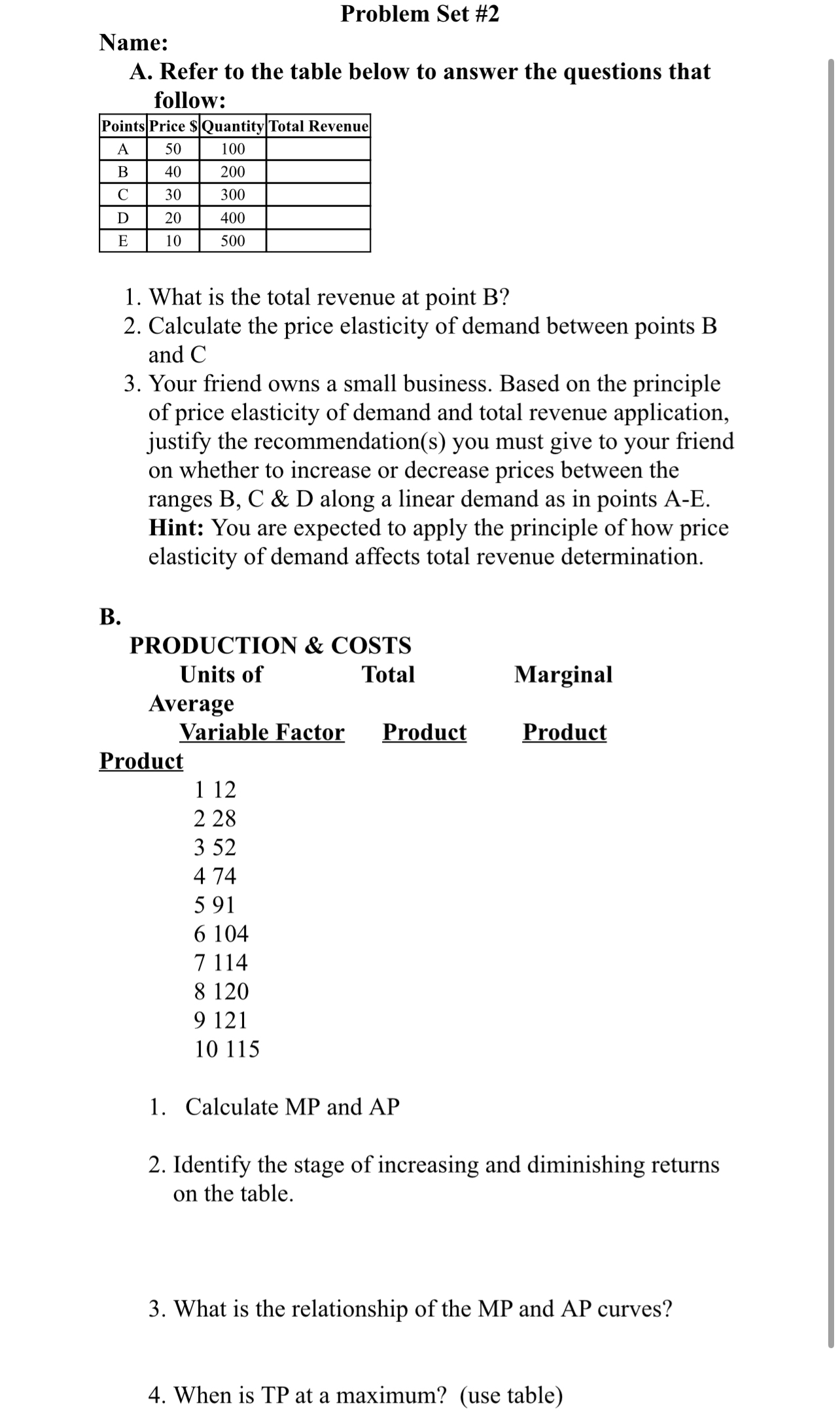 Solved Problem Set #2Name:A. ﻿Refer to the table below to | Chegg.com