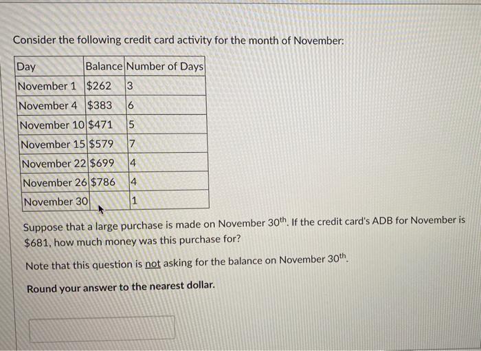 Solved Consider the following credit card activity for the | Chegg.com