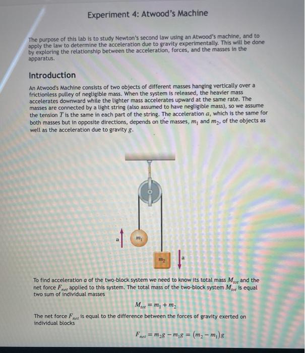 Solved Experiment 4: Atwood's Machine The purpose of this | Chegg.com