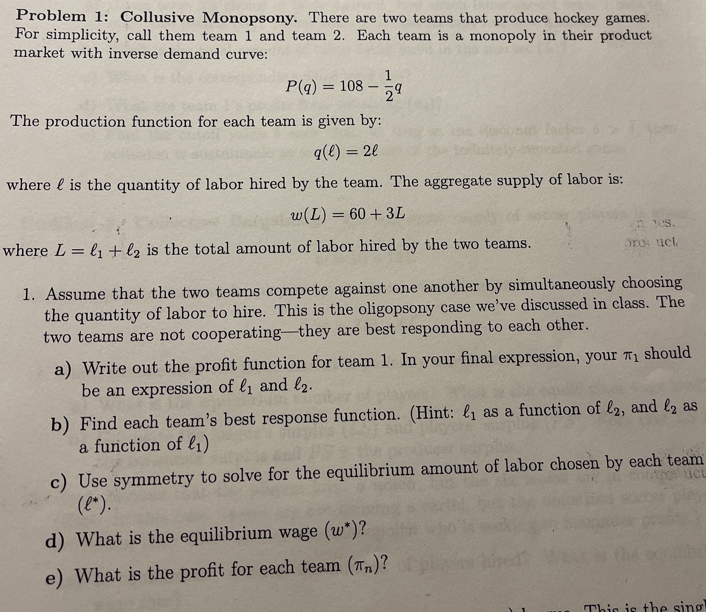 Solved Problem 1: Collusive Monopsony. There are two teams | Chegg.com