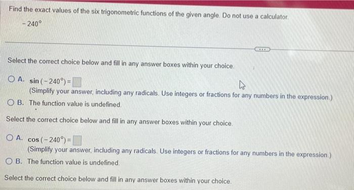 Solved Find the exact values of the six trigonometric | Chegg.com