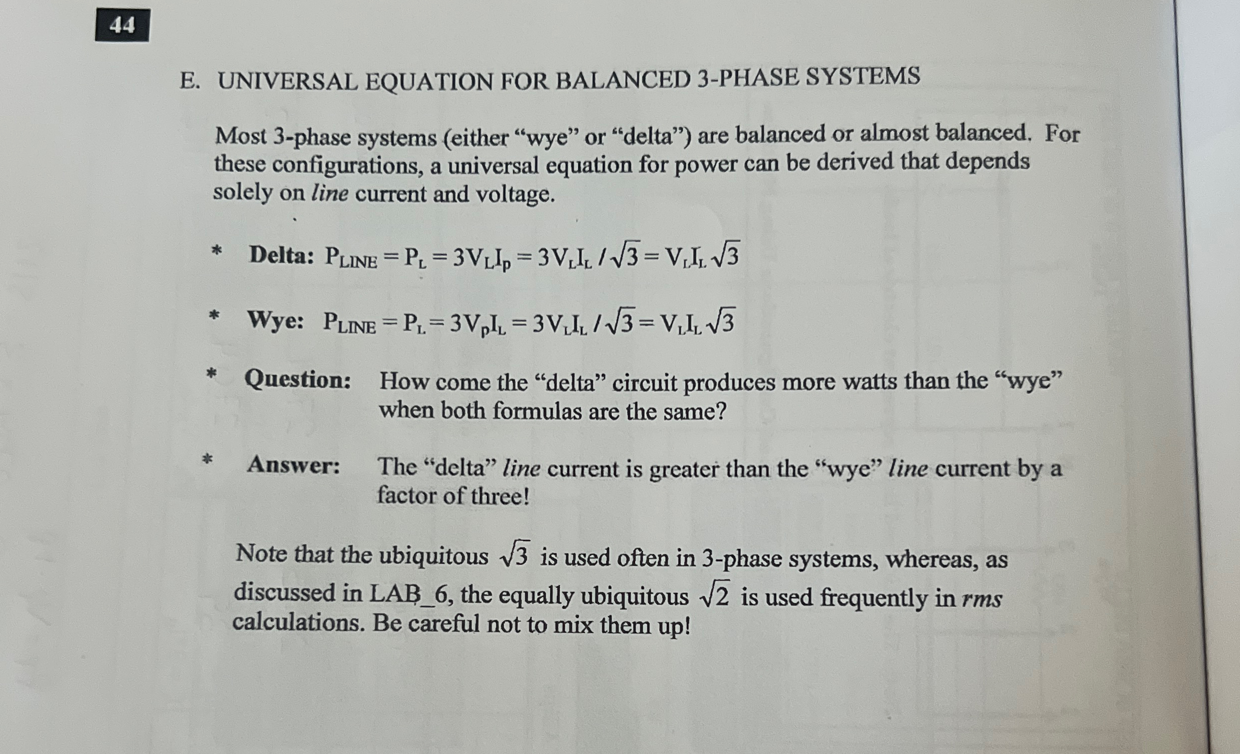 Solved 44E. ﻿UNIVERSAL EQUATION FOR BALANCED 3-PHASE | Chegg.com