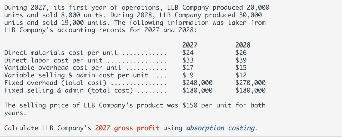 Solved During 2027, ﻿its first year of operations, LLB | Chegg.com