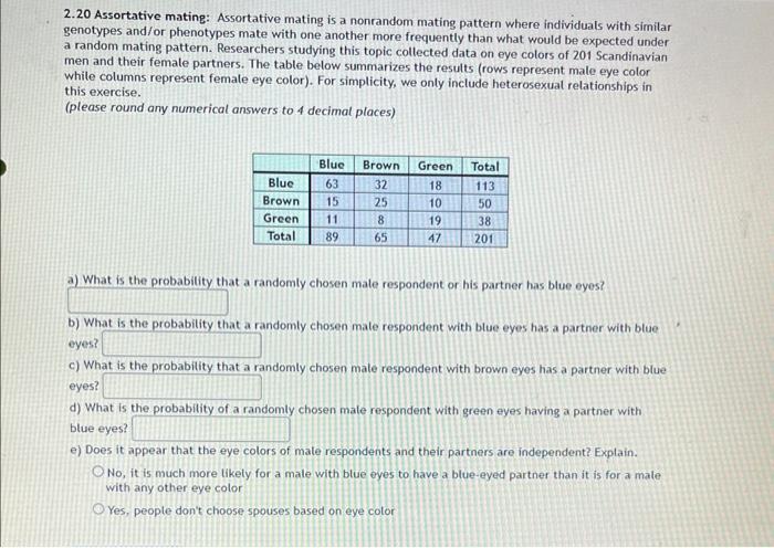 Solved 2. 20 Assortative mating: Assortative mating is a | Chegg.com