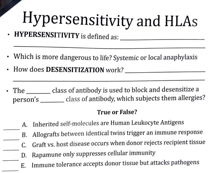 Solved Hypersensitivity And Hlas Hypersensitivity Is